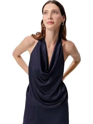 EXQUISE Tasha Cowl Neck Halter Tie Satin Blouse - Navy