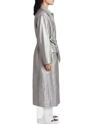 Brunello Cucinelli Belted Metallic Leather Coat - Silver