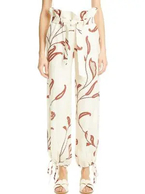 Johanna Ortiz Leaf Print Linen Paperbag Pants - Ecru