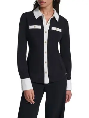 Karl Lagerfeld Paris Contrast Trim Collared Knit Top - Black