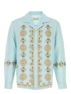 BAZISZT Roses Cotton Blend Shirt - Light Blue