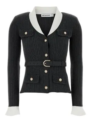 SELF-PORTRAIT Self-portrait Ribbed Button-Front Cardigan With Belt Grey