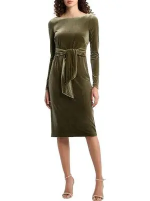 Eliza J Bateau Neck Velvet Sheath Dress - Olive