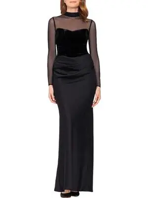 Betsy & Adam Long Sleeve Mixed Media Dress - Black