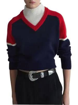 Mango Contrast Wool Blend Sweater - Navy