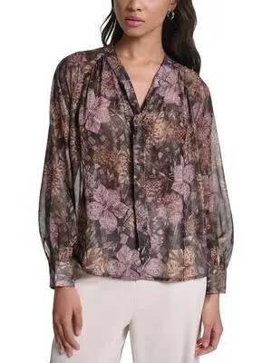 Karl Lagerfeld Paris Foil Chiffon Tie Neck Top - Chocolate Multi