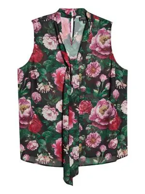TAHARI ASL Tie Front Sleeveless Top - Black Multi