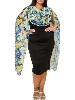 L I V D Evolette Floral Cape Sheath Dress - Black