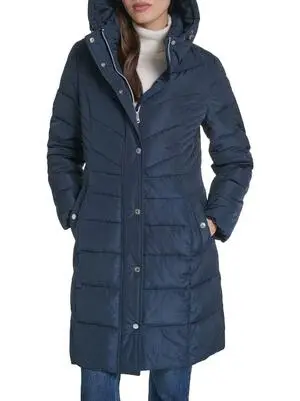 Cole Haan Hooded Taffeta Puffer Coat - Navy