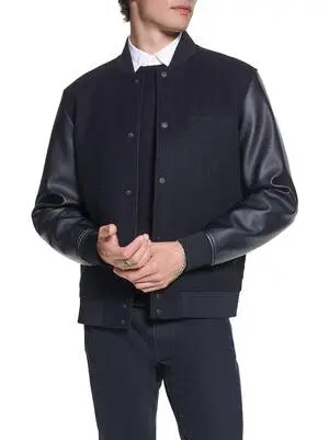 Karl Lagerfeld Paris Script Logo Faux Leather Sleeve Bomber Jacket - Black