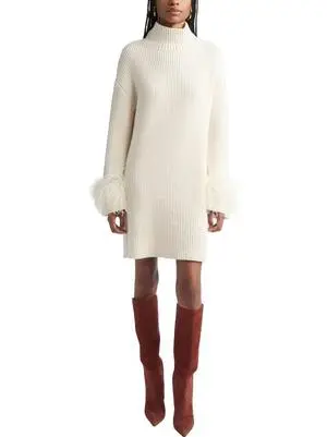 Ramy Brook Kay Feather Trim Mock Neck Sweater Dress - Ivory