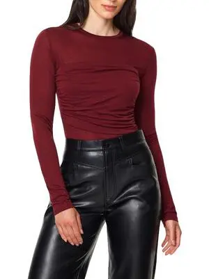 Habitual Shirred Front Double Layer Long Sleeve Tee - Wine