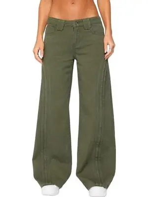 EDIKTED Pascale Stitched Low Rise Wide Leg Jeans - Olive