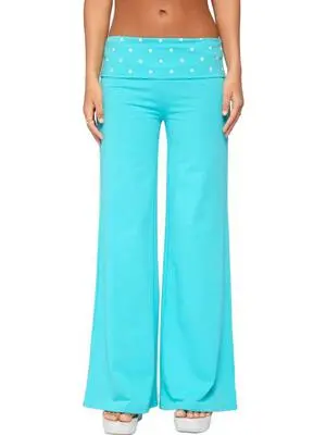 EDIKTED Reeva Polka Dot Foldover Pants - Turquoise