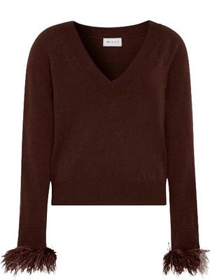 MILLY Feather Cuff V-neck Sweater - Brown
