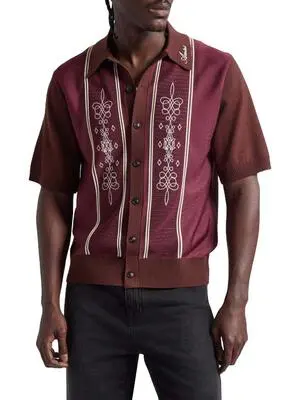 Amiri Paneled Short Sleeve Wool Blend Button-up Sweater Shirt Brick