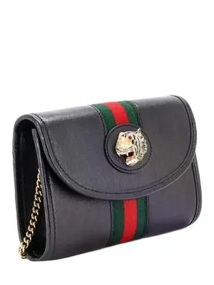 Gucci Rajah Web Chain Shoulder Bag Leather Mini Crossbody Bag - Black