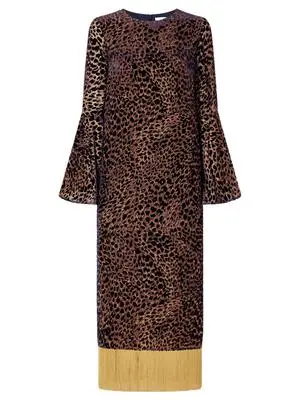 Borgo De Nor Astoria Fringed Leopard-jacquard Devoré Midi Dress - Brown
