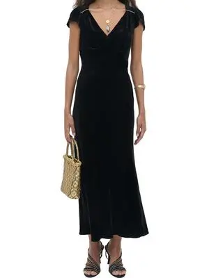 Rixo V-neck Velvet Midi Dress - Black