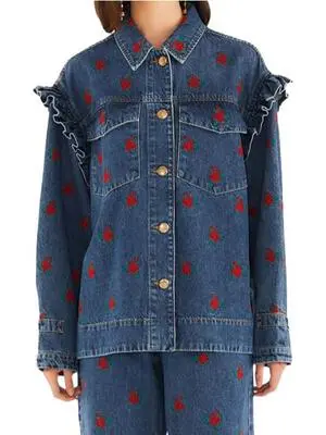 Farm Rio Embroidered Flowers Jacket - Blue