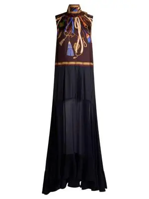 Etro Long Silk Dress With See-through Skirt And Placed Print - Multi