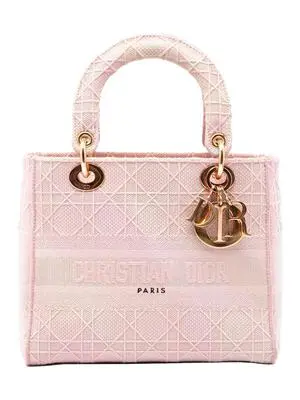 Dior 2020 Medium Embroidered Canvas Cannage Lady D Lite Satchel - Pink