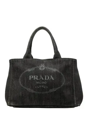 Prada 2013-2026 Small Denim Canapa Logo Tote Satchel - Grey