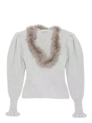 Blumarine Feather-trim Puff-sleeve Sweater Grey