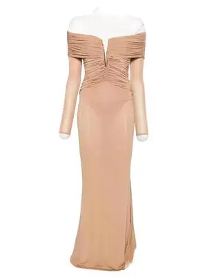 Elisabetta Franchi Ruched Off-shoulder Maxi Dress - Neutrals