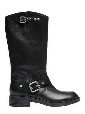 Ash Fuchsia Buckled Leather Biker Boots - Black