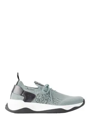 Berluti Shadow Leather-trimmed Stretch-knit Sneakers - Blue