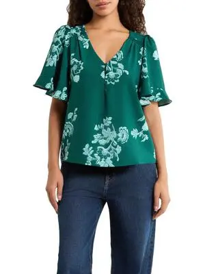 SUGARLIPS Piney Jacobean Lazzlo Bell Sleeve Minidress - Emerald-turquoise