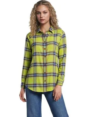 LANDS' END Flannel Boyfriend Long Sleeve Shirt - Chartreuse Multi Plaid