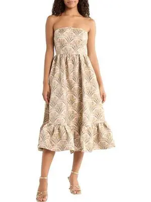 SUGARLIPS Aurra Floral Jacquard Tiered Strapless Midi Dress - Beige-multi