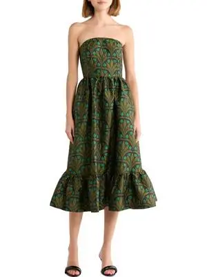 SUGARLIPS Aurra Floral Jacquard Tiered Strapless Midi Dress - Olive Multi