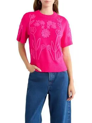 SUGARLIPS Winsley Floral Embroidered Sweater Fuchsia
