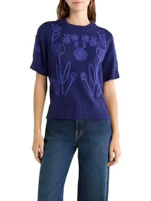 SUGARLIPS Winsley Floral Embroidered Sweater - Navy