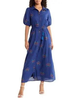 SUGARLIPS Arelia Floral Tie Waist Button-up Midi Shirtdress - Navy-multi