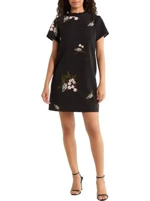 SUGARLIPS Rickie Floral Print Shift Minidress - Black-multi