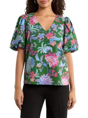 SUGARLIPS Elara Floral Puff Sleeve Top - Emerald-multi