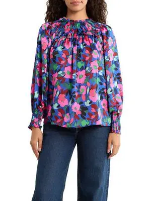 SUGARLIPS Vivi Floral Print Smocked Top - Cobalt-multi