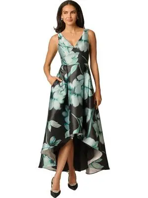ADRIANNA PAPELL Soft Focus Floral Mikado High Low Gown In Black Multi
