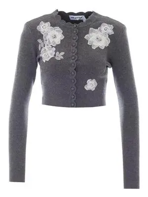 SELF-PORTRAIT Lace-appliqué Scalloped Cardigan - Grey