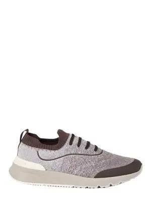 Brunello Cucinelli Logo Embossed Knitted Lace-up Sneakers - Brown