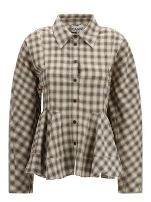GANNI Check Flannel Peplum Shirt - Cream