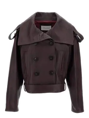 7 For All Mankind Giacca Corta Doppiopetto In Pelle A Collo Alto - Brown