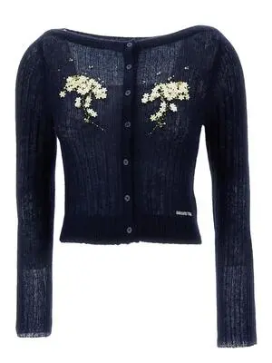 SHUSHU/TONG Cardigan In Maglia Con Ricamo Floreale In Perline - Blu