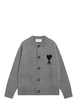 AMI Paris Grey De Coeur Wool Cardigan - Gray