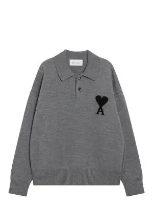 AMI Paris Grey De Coeur Wool Polo Sweater - Gray