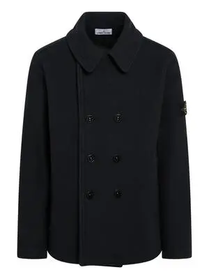 Stone Island Navy Double-breasted Coat In Wool And Cashmere - Blue